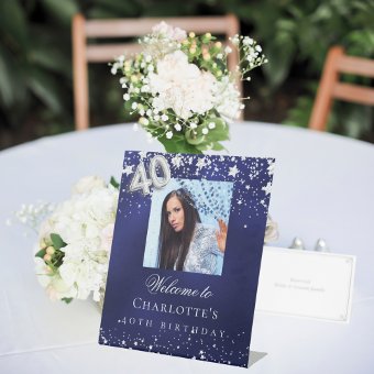 40th Birthday blue silver stars photo welcome Pedestal Sign | Zazzle