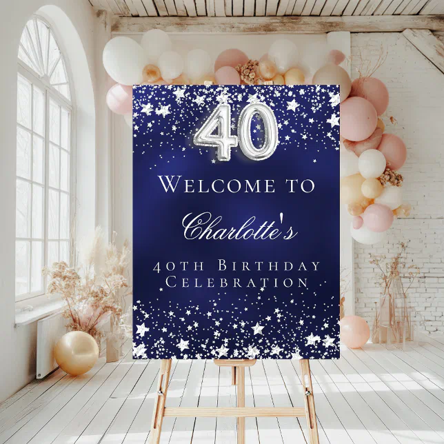40th Birthday blue silver stars welcome party Foam Board | Zazzle