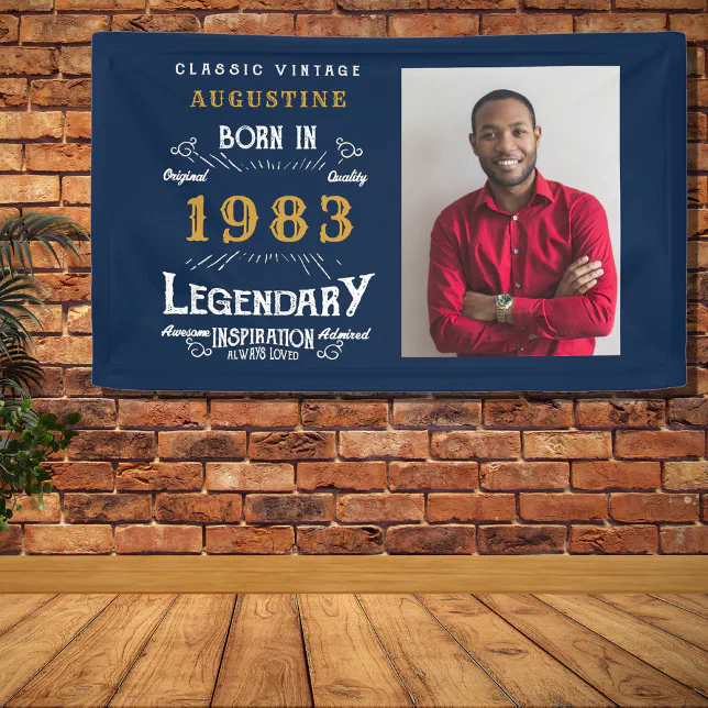 40th Birthday Born 1983 Legend Blue Gold Photo Banner | Zazzle