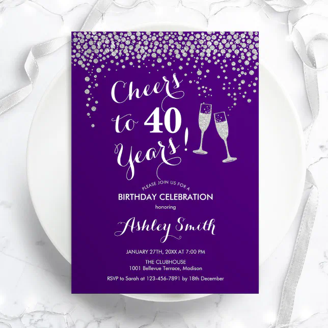 40th Birthday - Cheers To 40 Years Silver Purple Invitation | Zazzle
