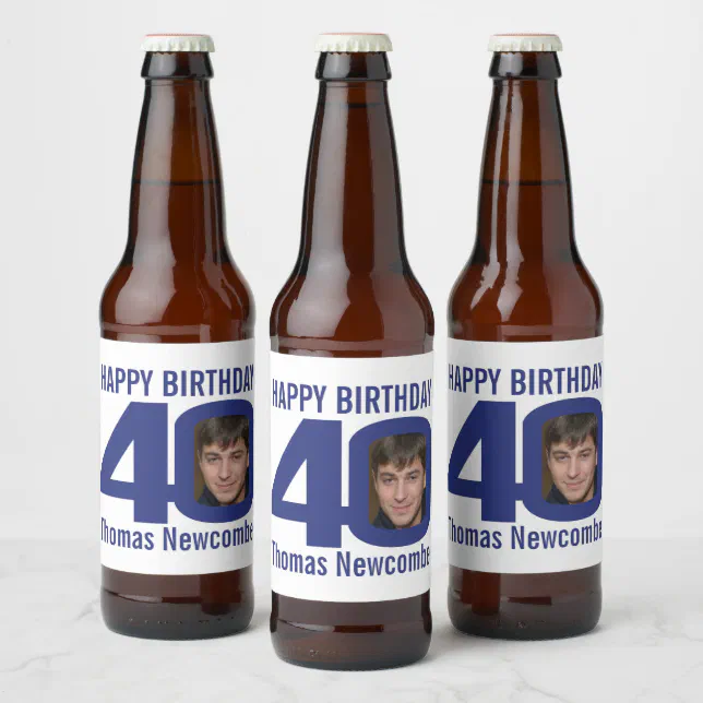 40th Birthday custom name navy blue white photo Beer Bottle Label | Zazzle