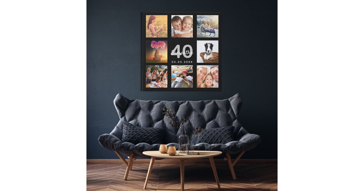 40th birthday custom photo collage black monogram faux canvas print ...