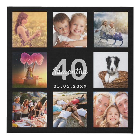 40th birthday custom photo collage black monogram faux canvas print ...