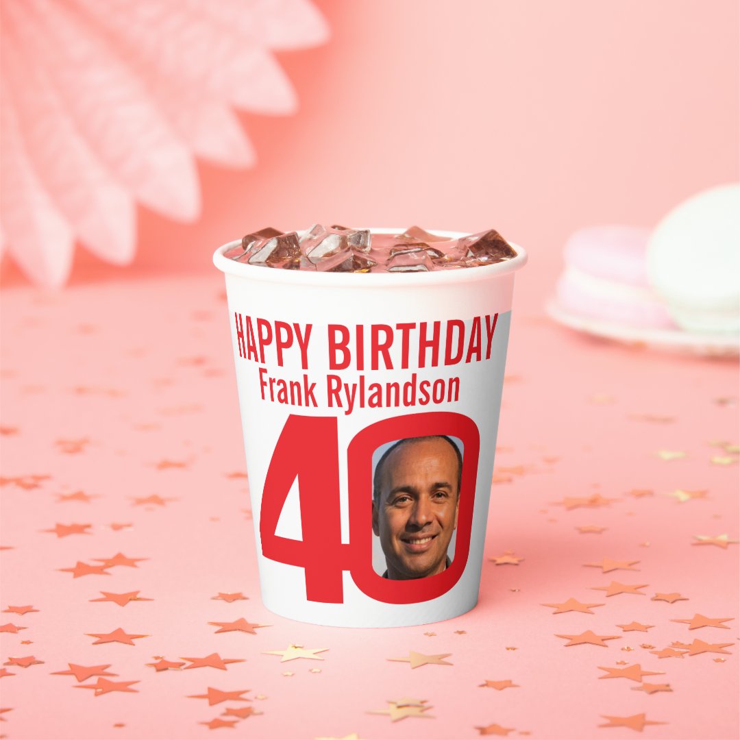 40th birthday custom two photo red white paper cups | Zazzle