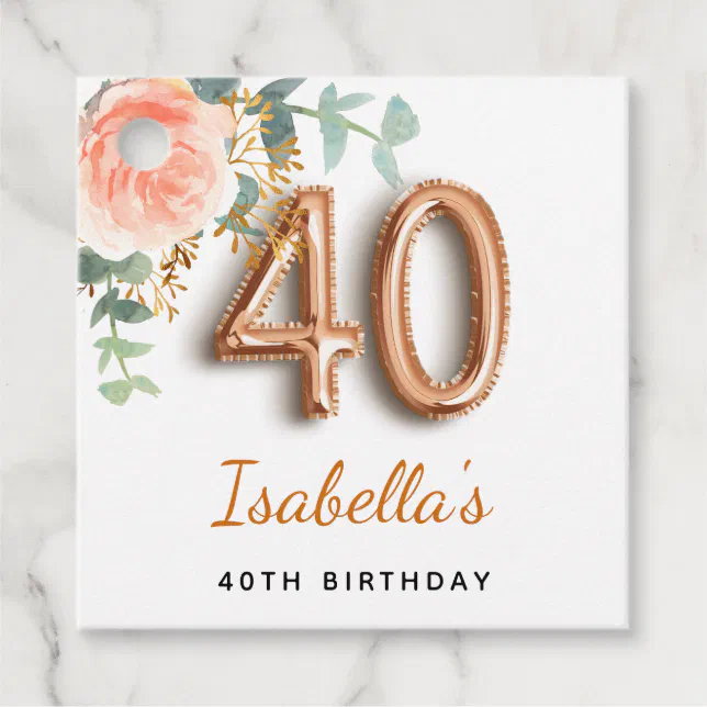 40th birthday floral rose gold eucalyptus monogram favor tags | Zazzle
