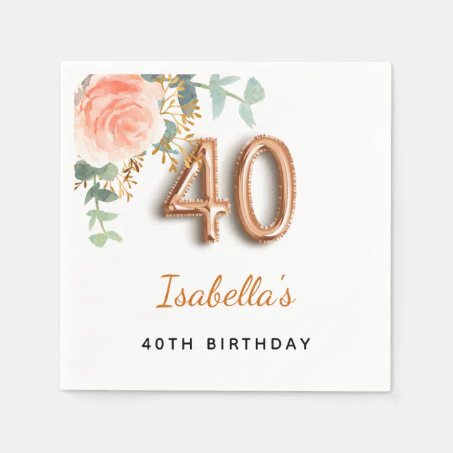 40th birthday floral rose gold eucalyptus monogram napkins | Zazzle
