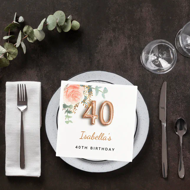 40th birthday floral rose gold eucalyptus monogram napkins | Zazzle