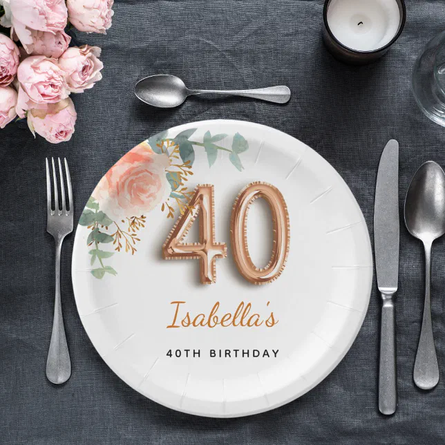 40th birthday floral rose gold eucalyptus monogram paper plates | Zazzle