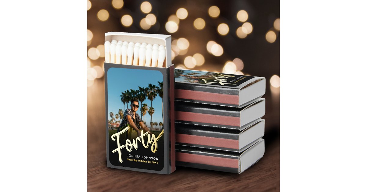 40th birthday forty gold black add your own photo matchboxes | Zazzle