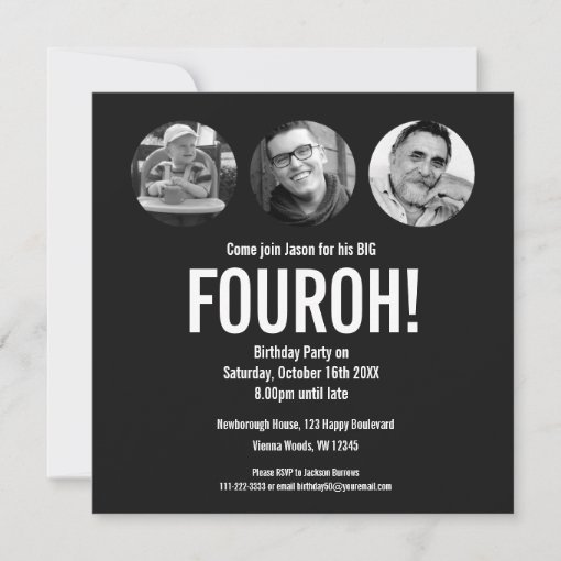 40th birthday FOUR OH! photo mono black white Invitation | Zazzle