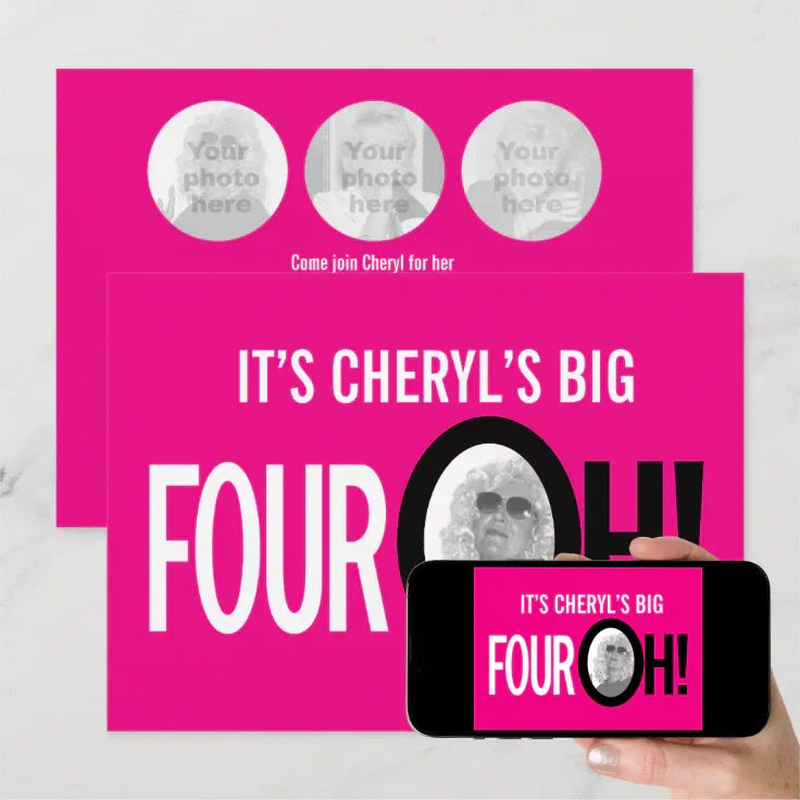 40th birthday FOUR OH! photo pink retro landscape Invitation | Zazzle