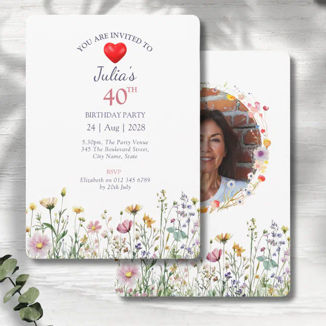 40th Birthday Garden Floral Wild Meadow Photo Invitation | Zazzle