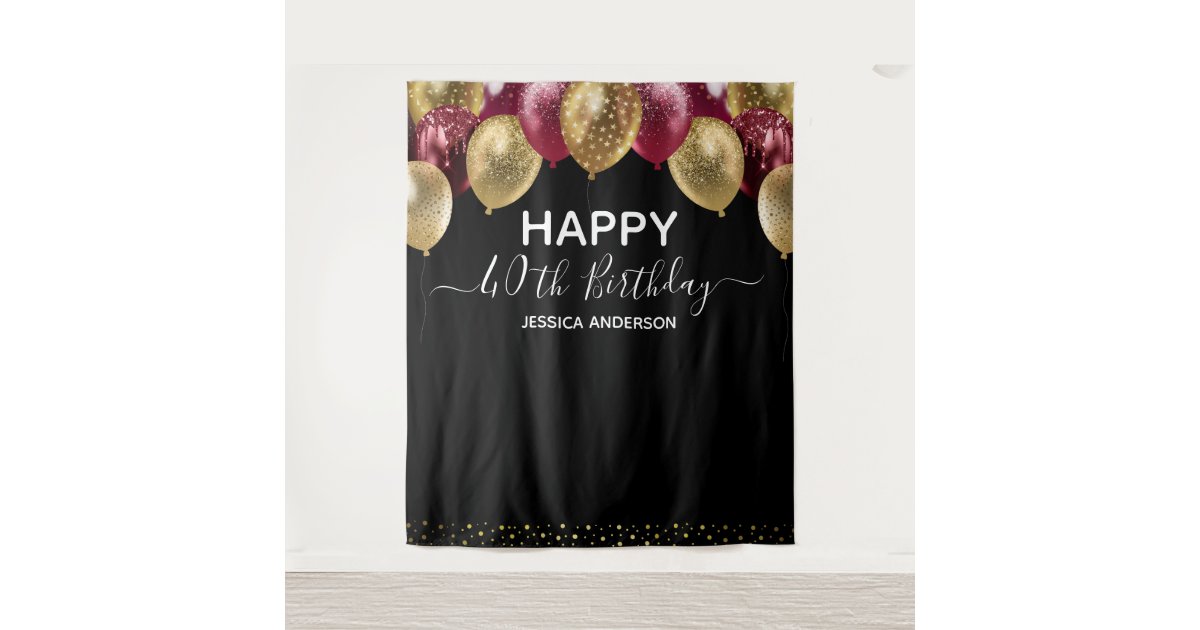 40th Birthday Gold Burgundy Black Balloon Tapestry | Zazzle
