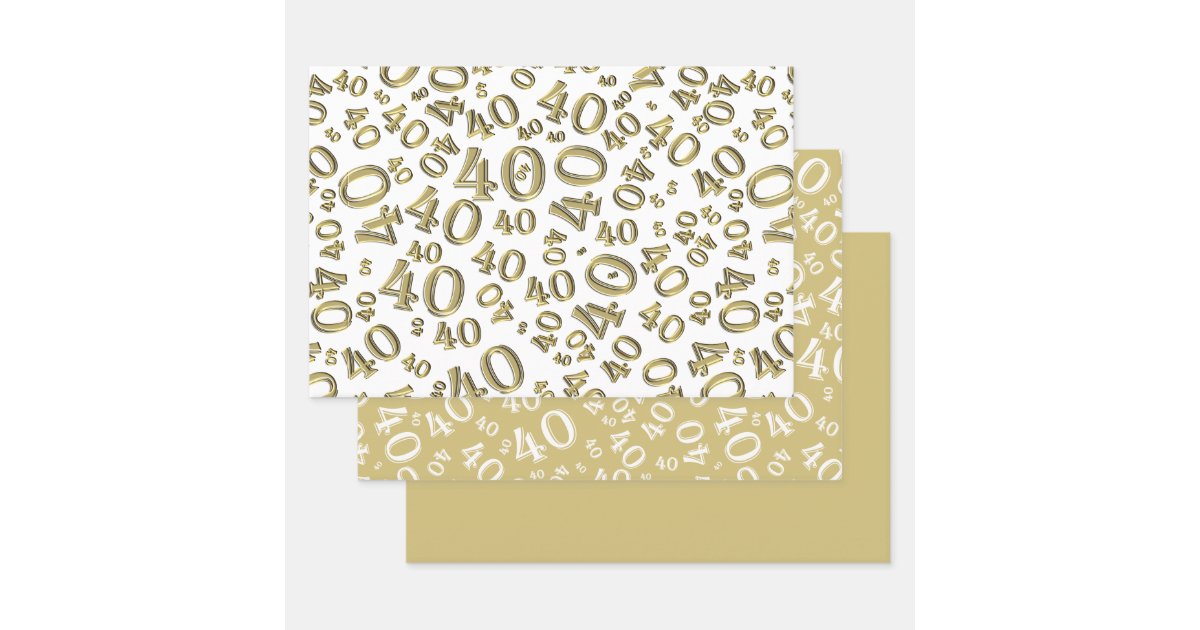 40th Birthday Gold/White Random Number Pattern 40 Wrapping Paper Sheets ...