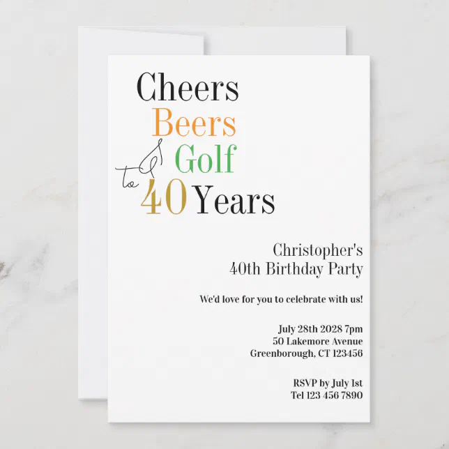 40th Birthday Golf Cheers Beers Minimal Party Invitation | Zazzle