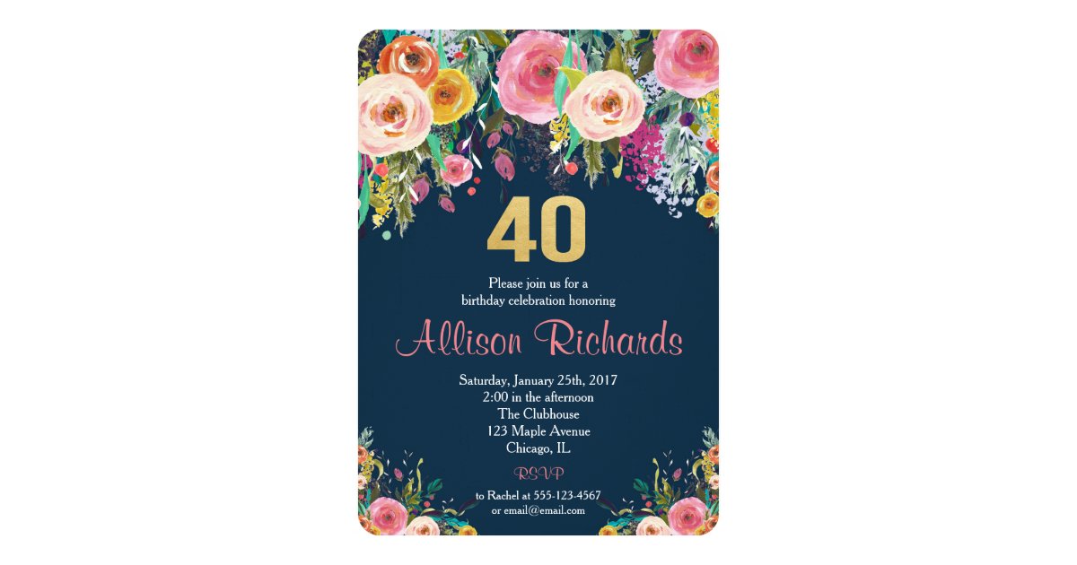 40th birthday invitation floral watercolor navy | Zazzle.com