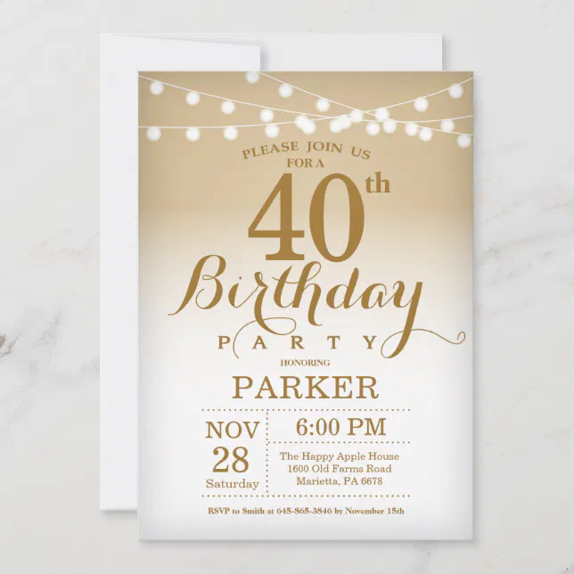 40th Birthday Invitation Gold String Lights | Zazzle