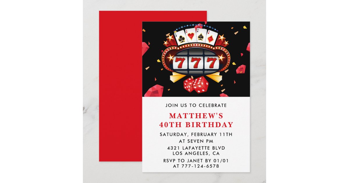 40th birthday invitations Casino theme Poker Red | Zazzle