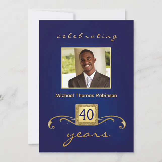 40th Birthday Invitations - Monogram Blue & Gold | Zazzle