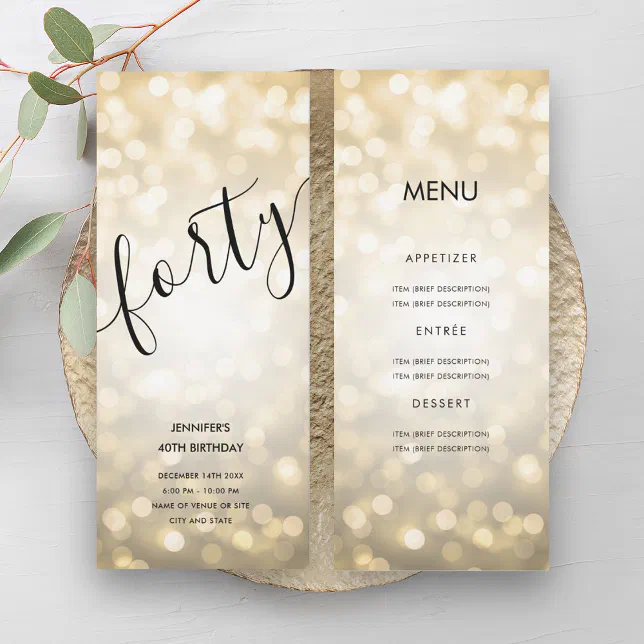40th Birthday Menu Gold Glitter Lights Invitation | Zazzle