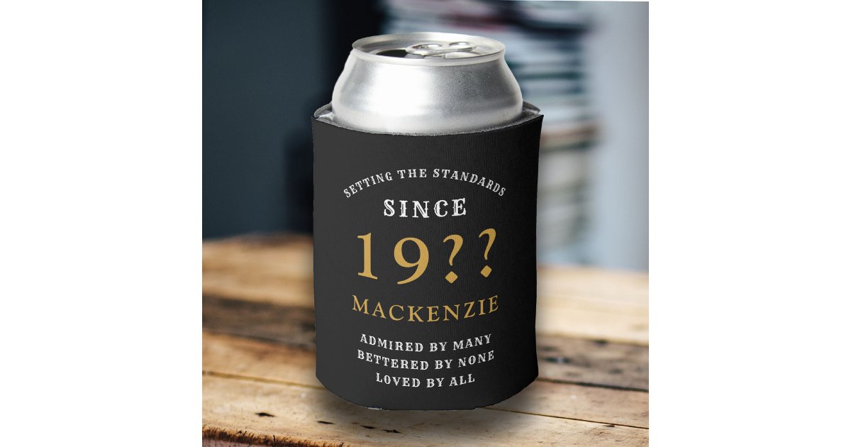 40th Birthday Monogram Name Year Black Gold Can Cooler | Zazzle