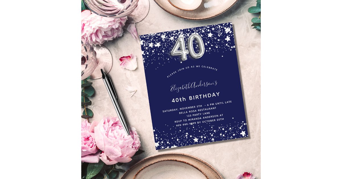 40th birthday navy blue silver budget invitation flyer | Zazzle