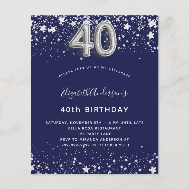 40th birthday navy blue silver budget invitation flyer | Zazzle