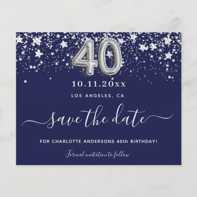 40th birthday navy blue silver save date budget flyer | Zazzle