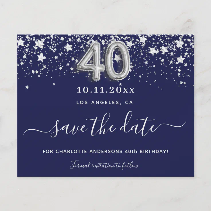 40th birthday navy blue silver save date budget flyer | Zazzle