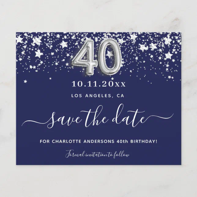 40th birthday navy blue silver save date budget flyer | Zazzle