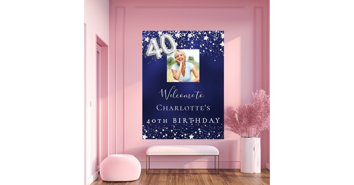 40th birthday navy blue silver stars photo welcome poster | Zazzle