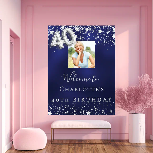 40th birthday navy blue silver stars photo welcome poster | Zazzle