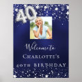 40th birthday navy blue silver stars photo welcome poster | Zazzle