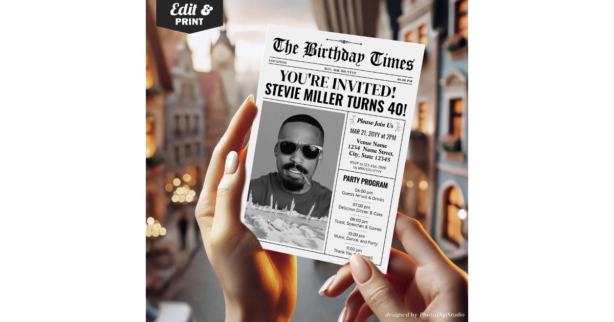 40th Birthday Newspaper Invitation with Program | Zazzle