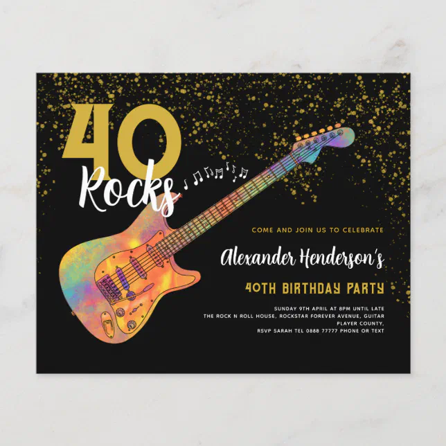 40th Birthday Party 40 Rocks Gold Glitter Budget Flyer | Zazzle