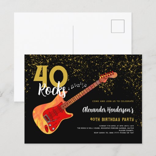 40th Birthday Party 40 Rocks Guitar Gold Glitter Invitation Postcard ...