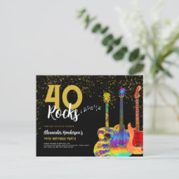40th Birthday Party 40 Rocks Guitar Gold Glitter Invitation Postcard ...