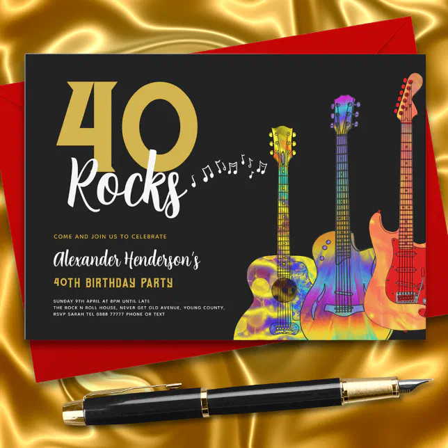 40th Birthday Party 40 Rocks Guitar Invitation | Zazzle