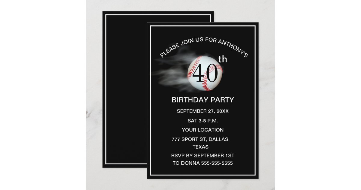 40th Birthday Party Baseball Black Dad Sport Invitation | Zazzle