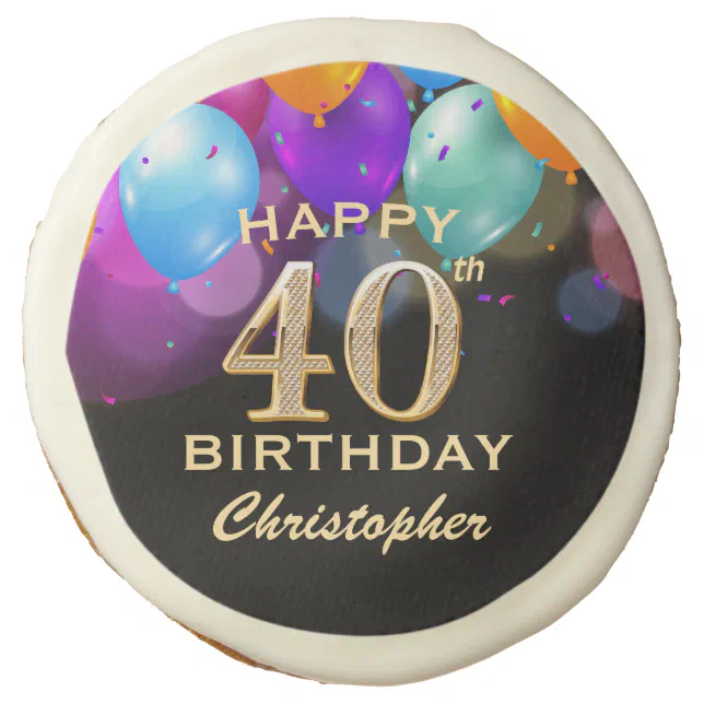 40th Birthday Party Black and Gold Balloons Sugar Cookie | Zazzle