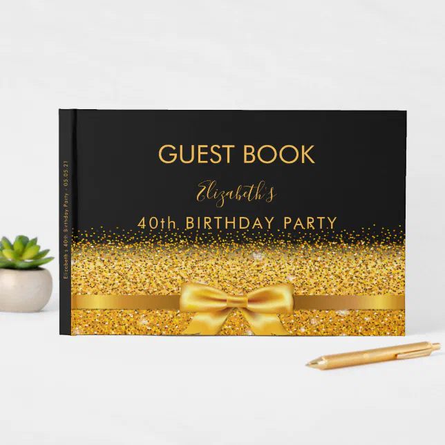 40th birthday party black gold bow glam sparkle guest book | Zazzle