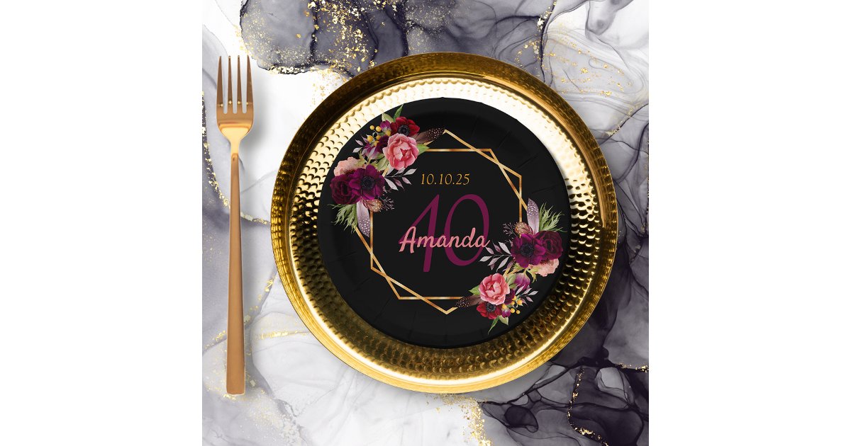 40th birthday party black gold geo floral burgundy paper plates | Zazzle