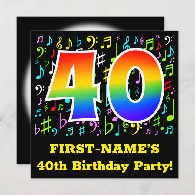 40th Birthday Party: Fun Music Symbols, Rainbow 40 Invitation | Zazzle