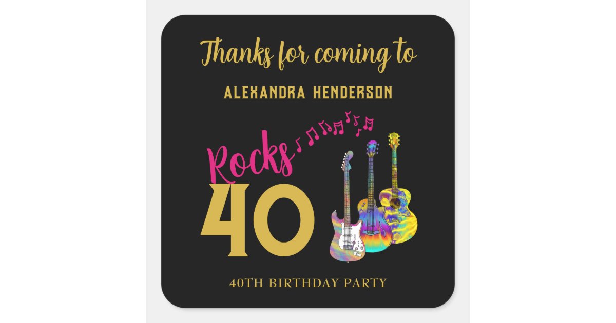 40th Birthday Party Guitar Rocks 40 Thank You Square Sticker | Zazzle