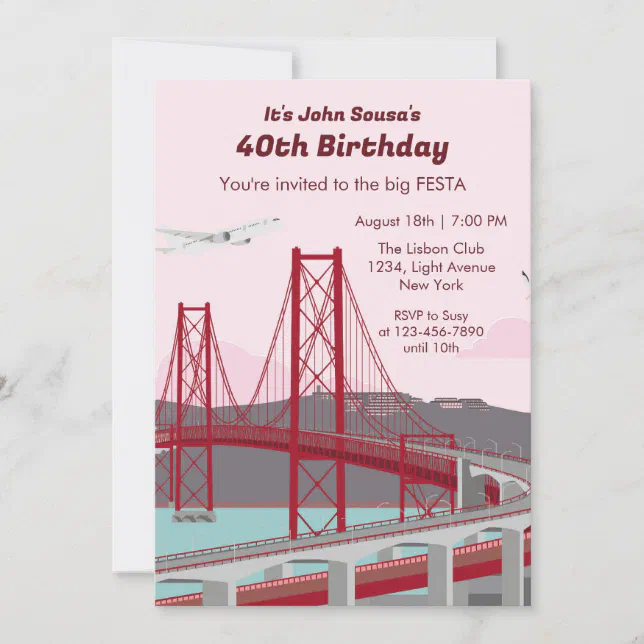 40th Birthday Party Lisbon Bridge at sunset Invitation | Zazzle