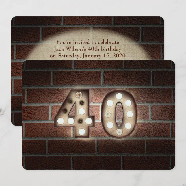 40th Birthday Party-marquee lights on brick Invitation | Zazzle