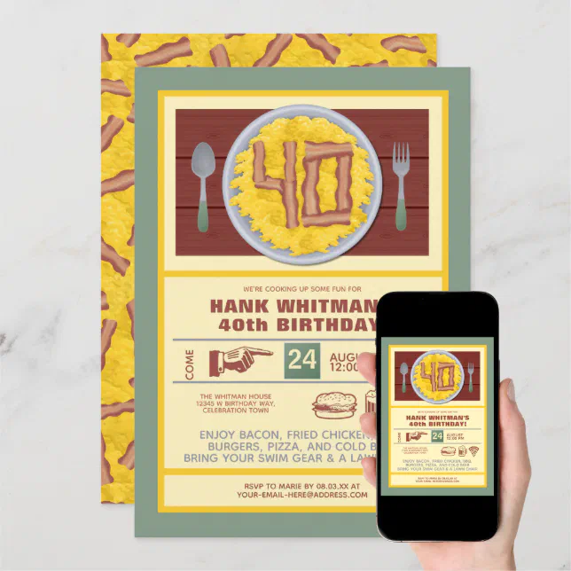 40th Birthday Party Mens Funny Bacon Eggs Theme Invitation | Zazzle