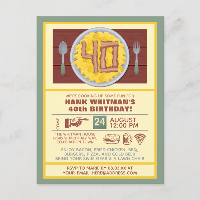 40th Birthday Party Mens Funny Bacon Theme Invitation Postcard | Zazzle