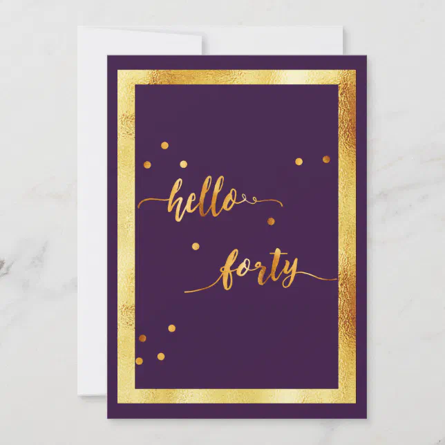 40th birthday party purple gold hello forty script invitation | Zazzle