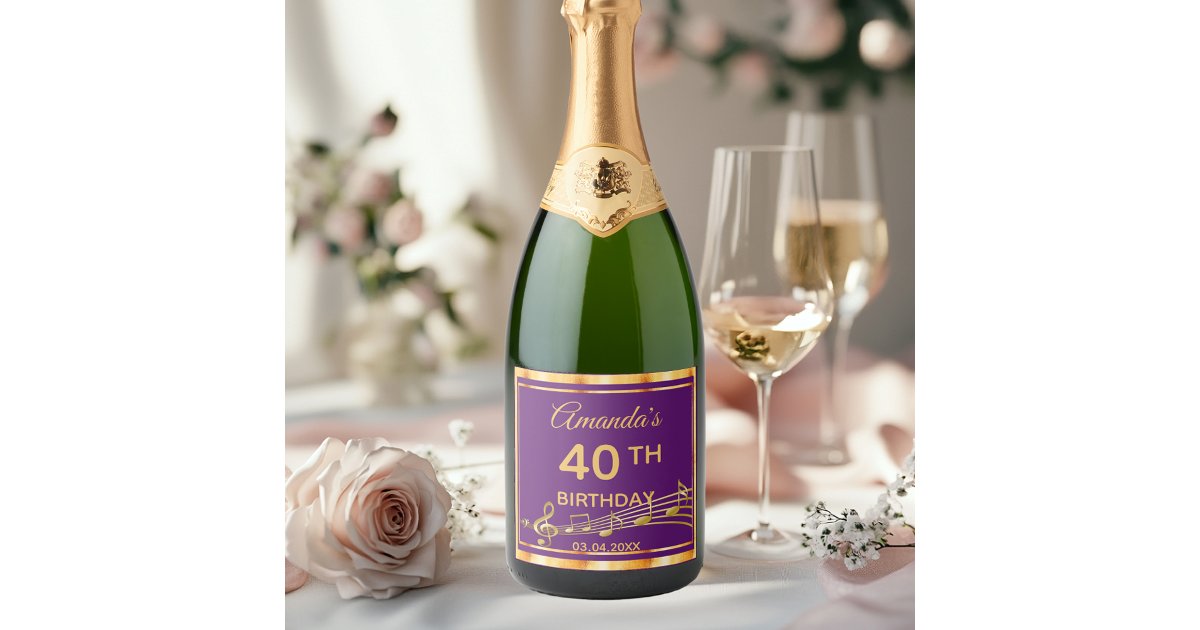 40th birthday party purple gold music notes fun sparkling wine label ...